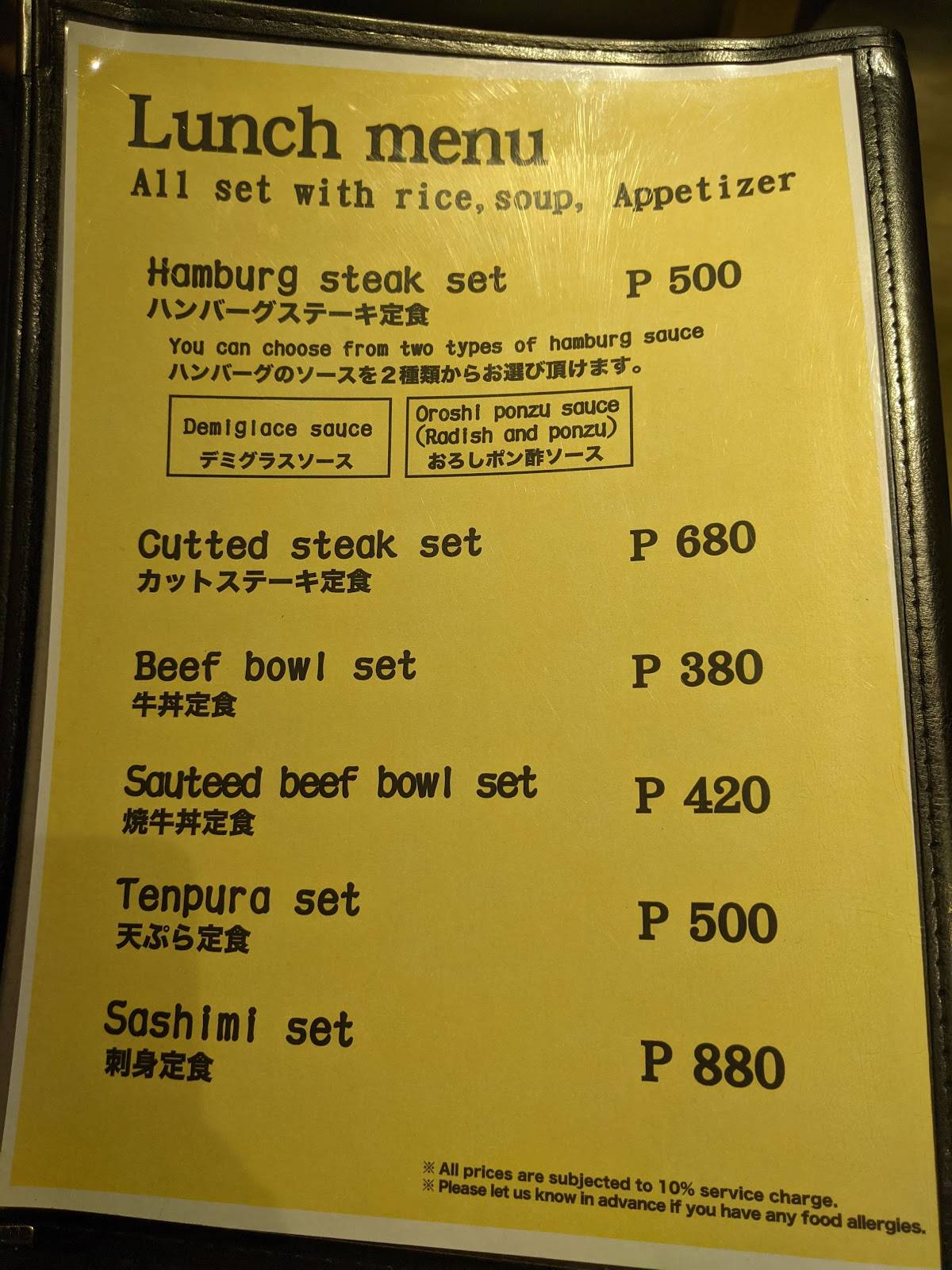 Menu at Tokyo Dining Ishin restaurant, Bacolod