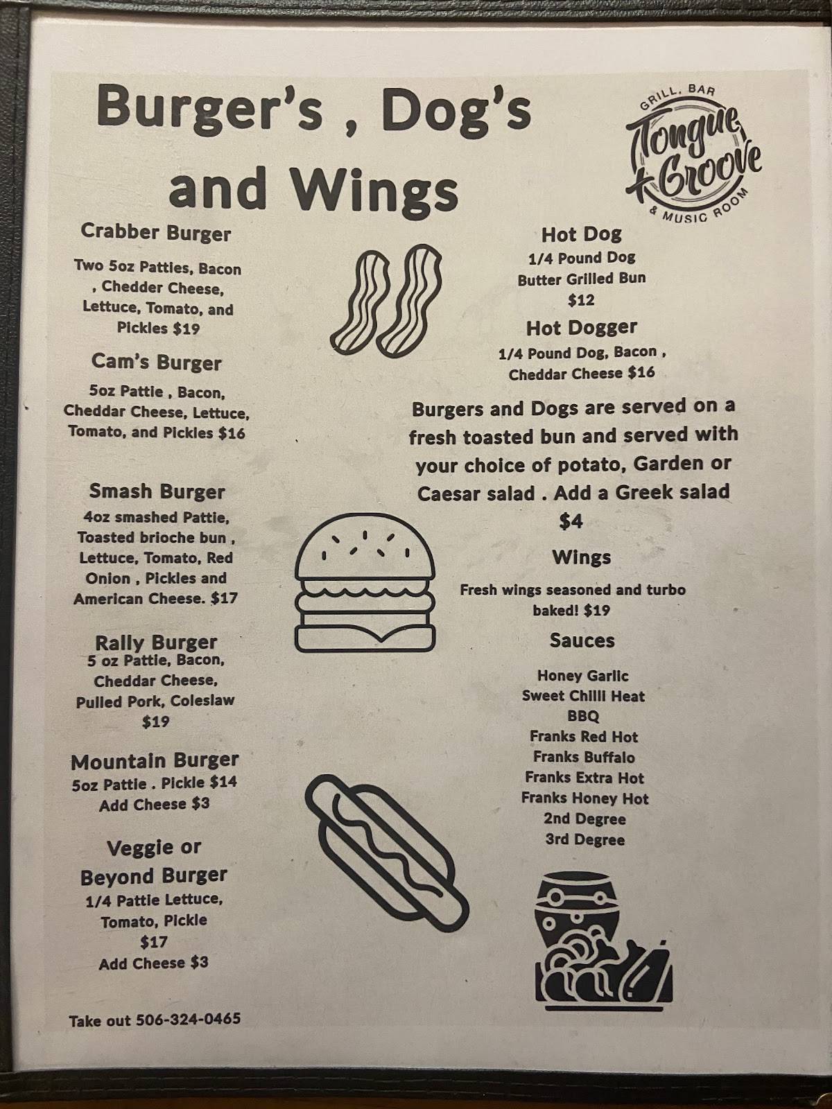 Menu at Tongue and Groove restaurant, Canada