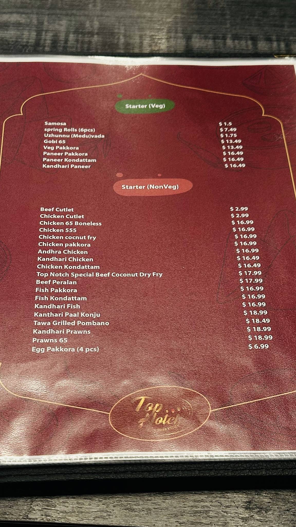 Menu at Top Notch South Indian Kitchen restaurant, Edmonton