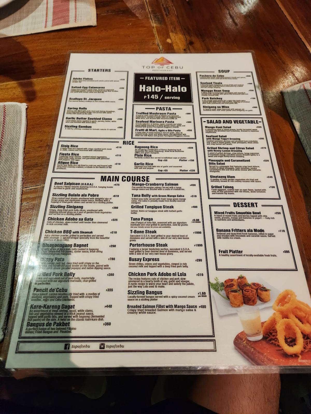 Menu at Top of Cebu restaurant, Cebu City