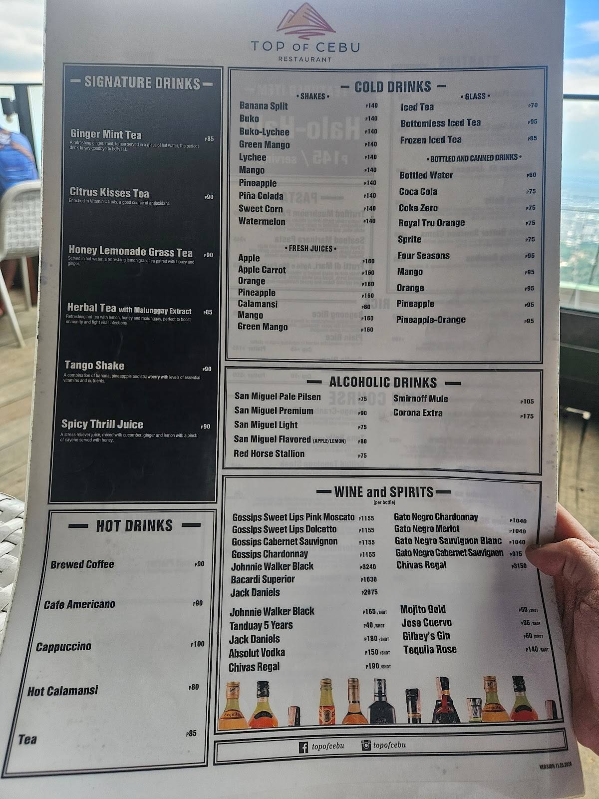Menu at Top of Cebu restaurant, Cebu City