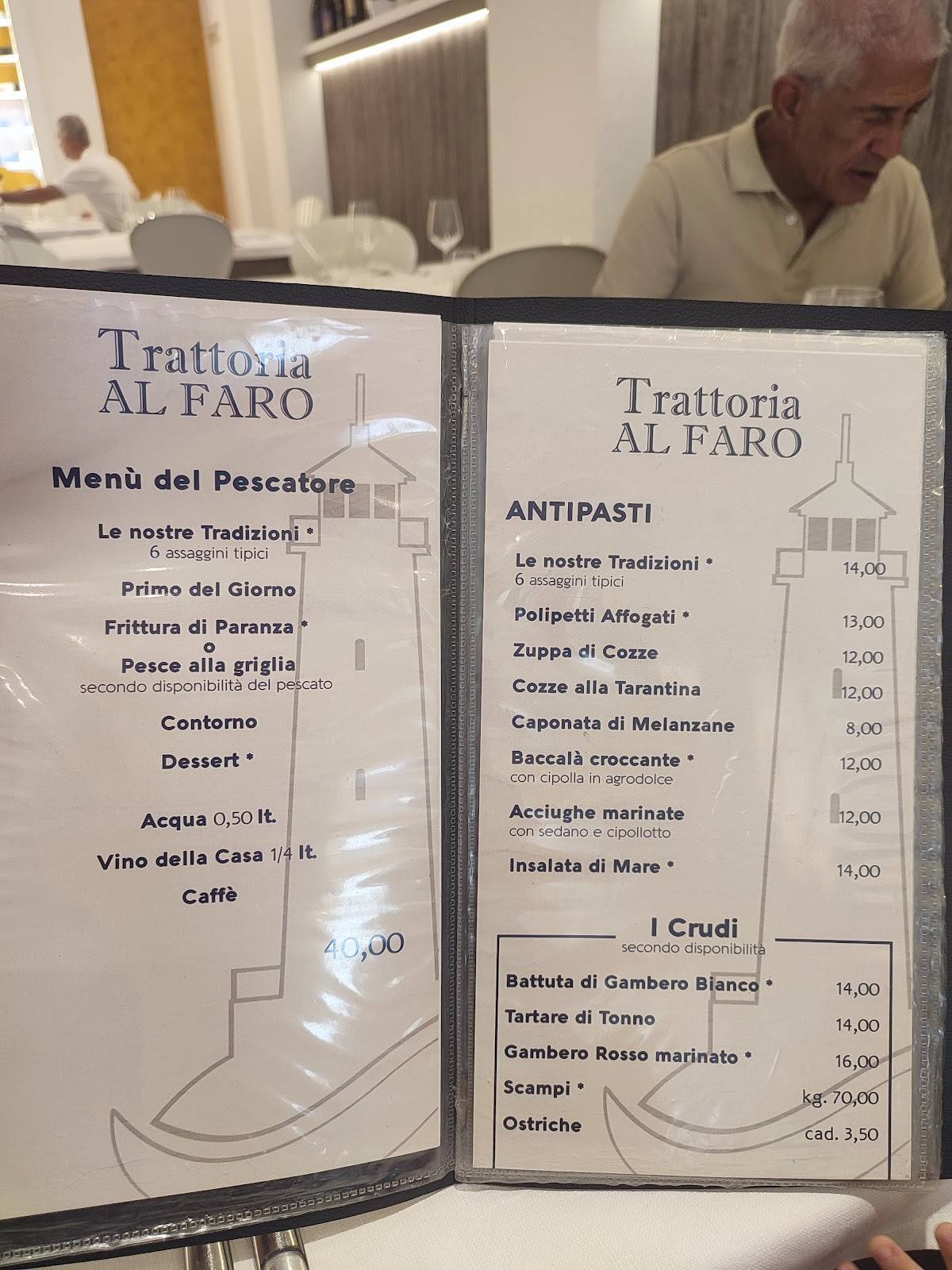 Menu at Trattoria Al Faro restaurant, Sciacca