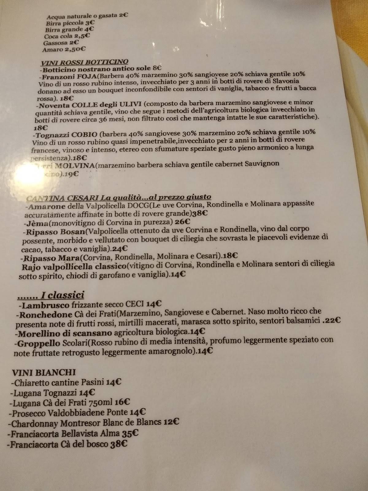 Menu da Trattoria Antico Sole-Le Piante- ristorante, Botticino Sera