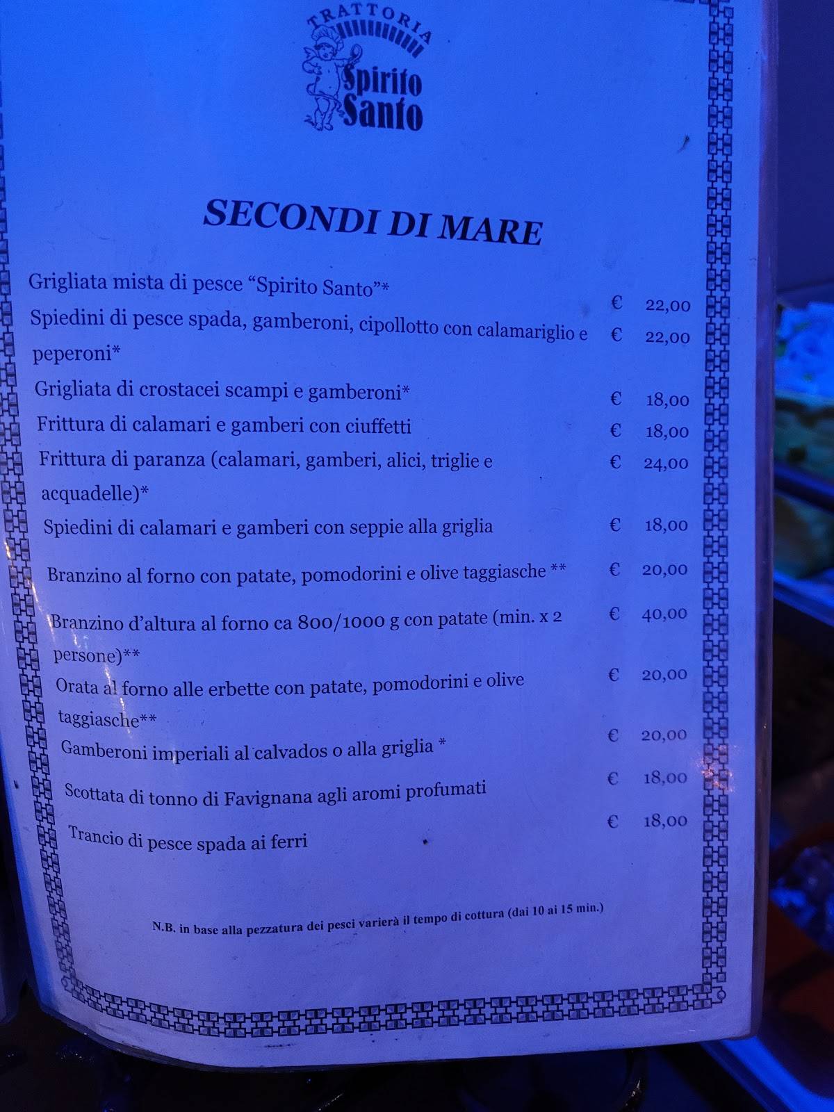 Menu da Trattoria Spirito Santo ristorante, Torino