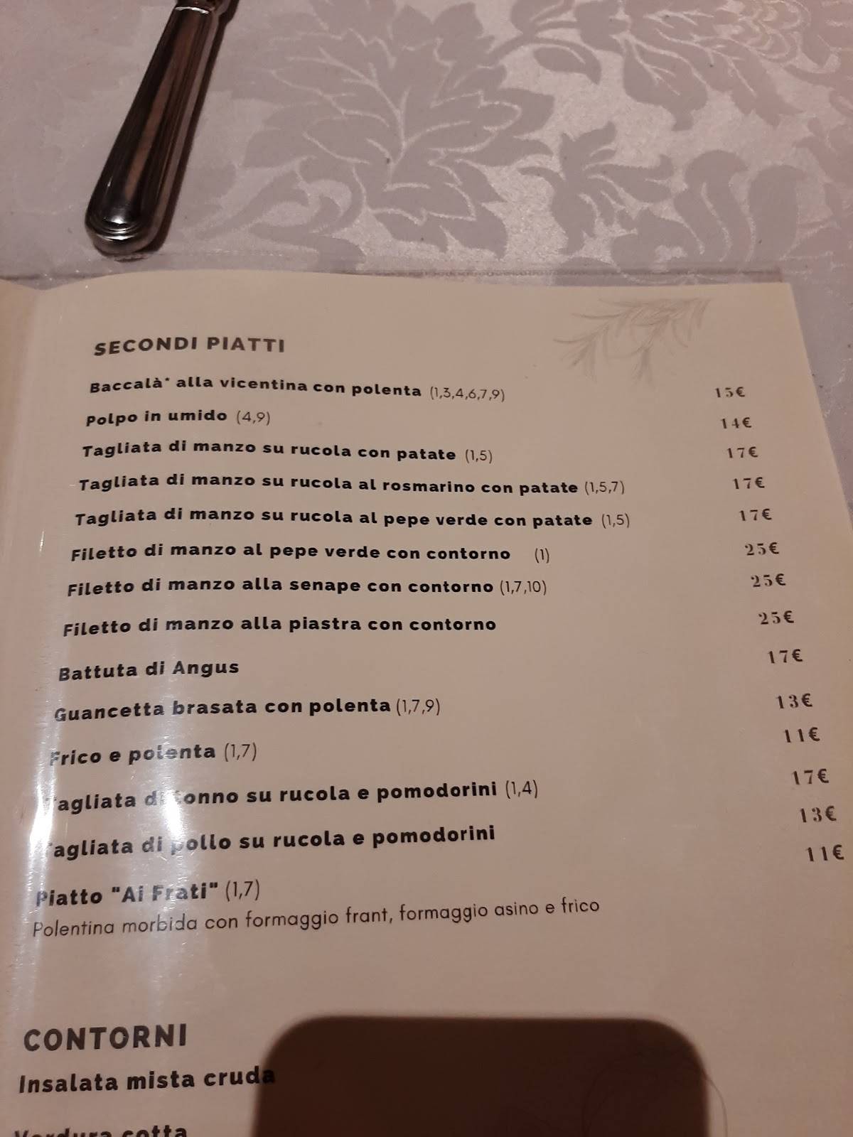 Speisekarte von Trattoria ai Frati restaurant, Udine