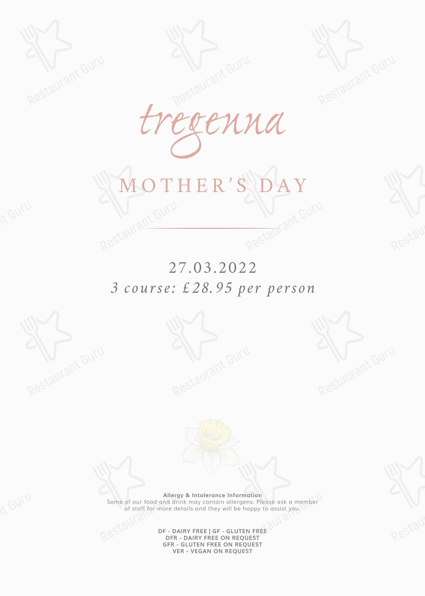 Menu at Tregenna Castle Brasserie restaurant, Saint Ives