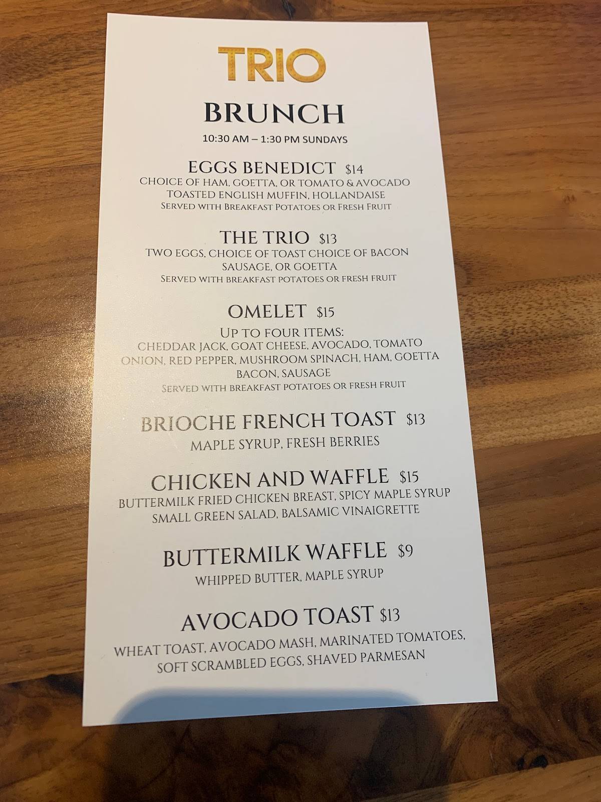 Menu at Trio Bistro restaurant, Cincinnati