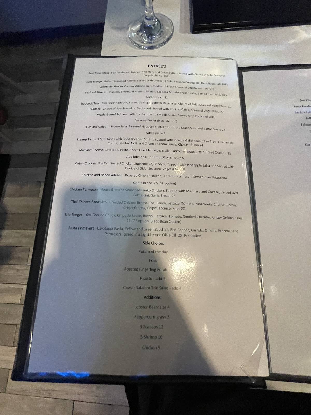 Menu at Trio restaurant, Sydney