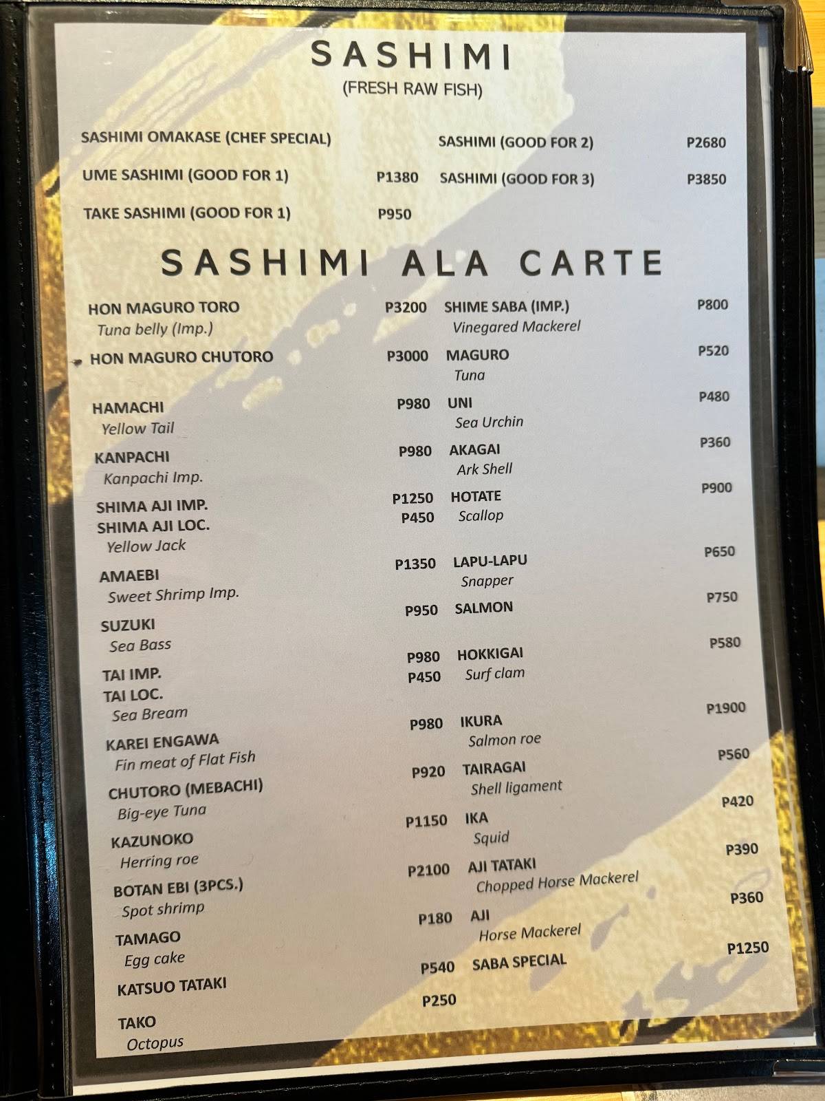 Menu at Tsumura restaurant, Makati