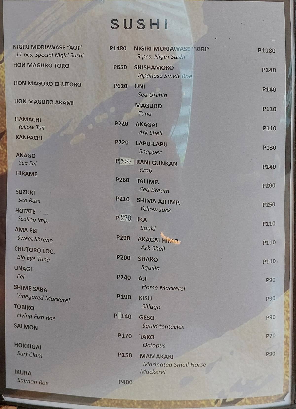 Menu at Tsumura restaurant, Makati