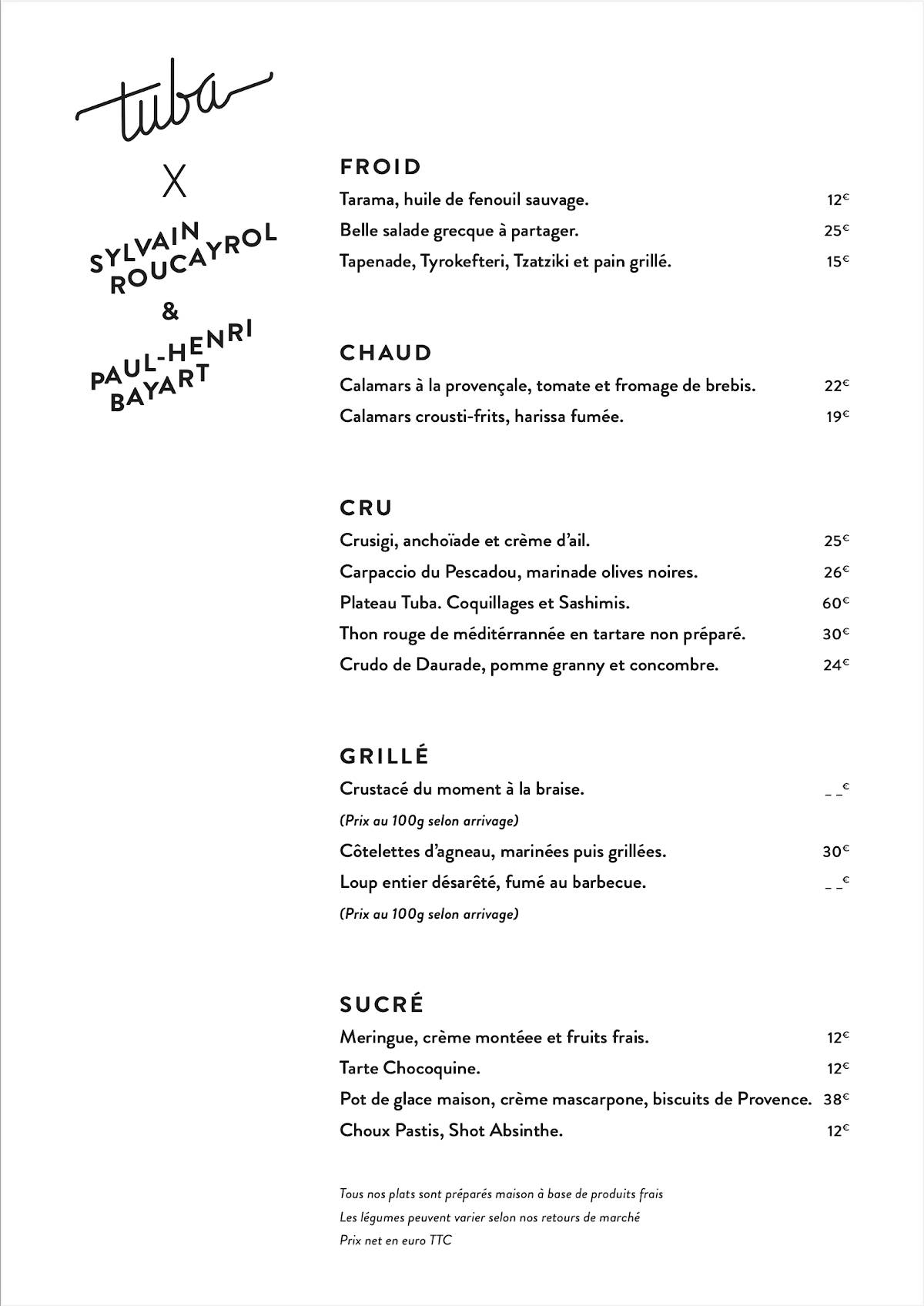 Menu at Tuba Club - Cabanons et Restaurant, Marseille