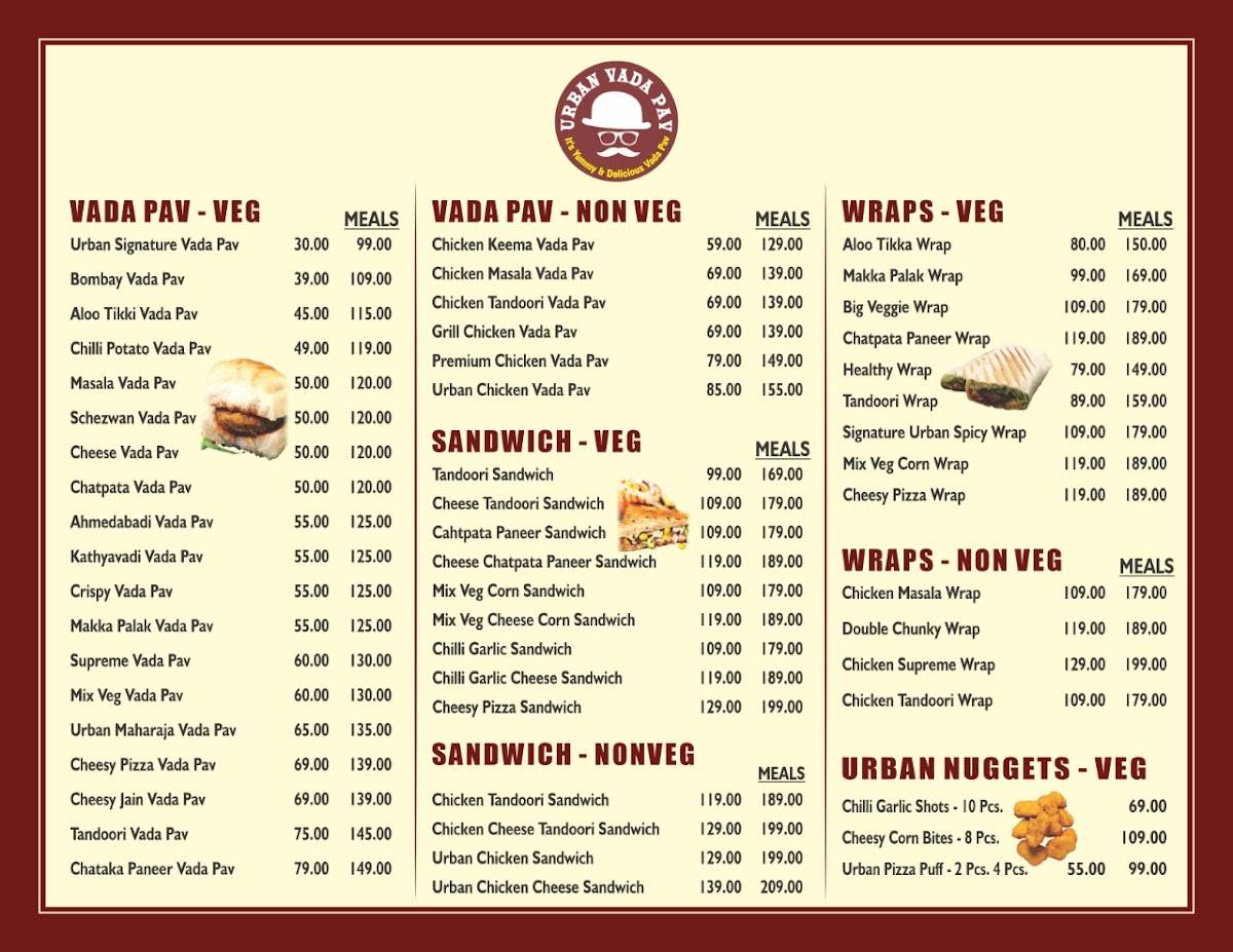 Menu at Urban Vada Pav, Delhi, chowk