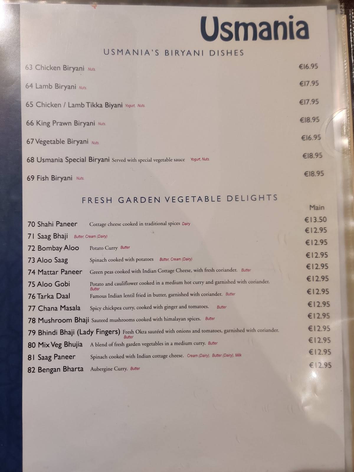 Menu at Usmania Indian Restaurant, Killarney