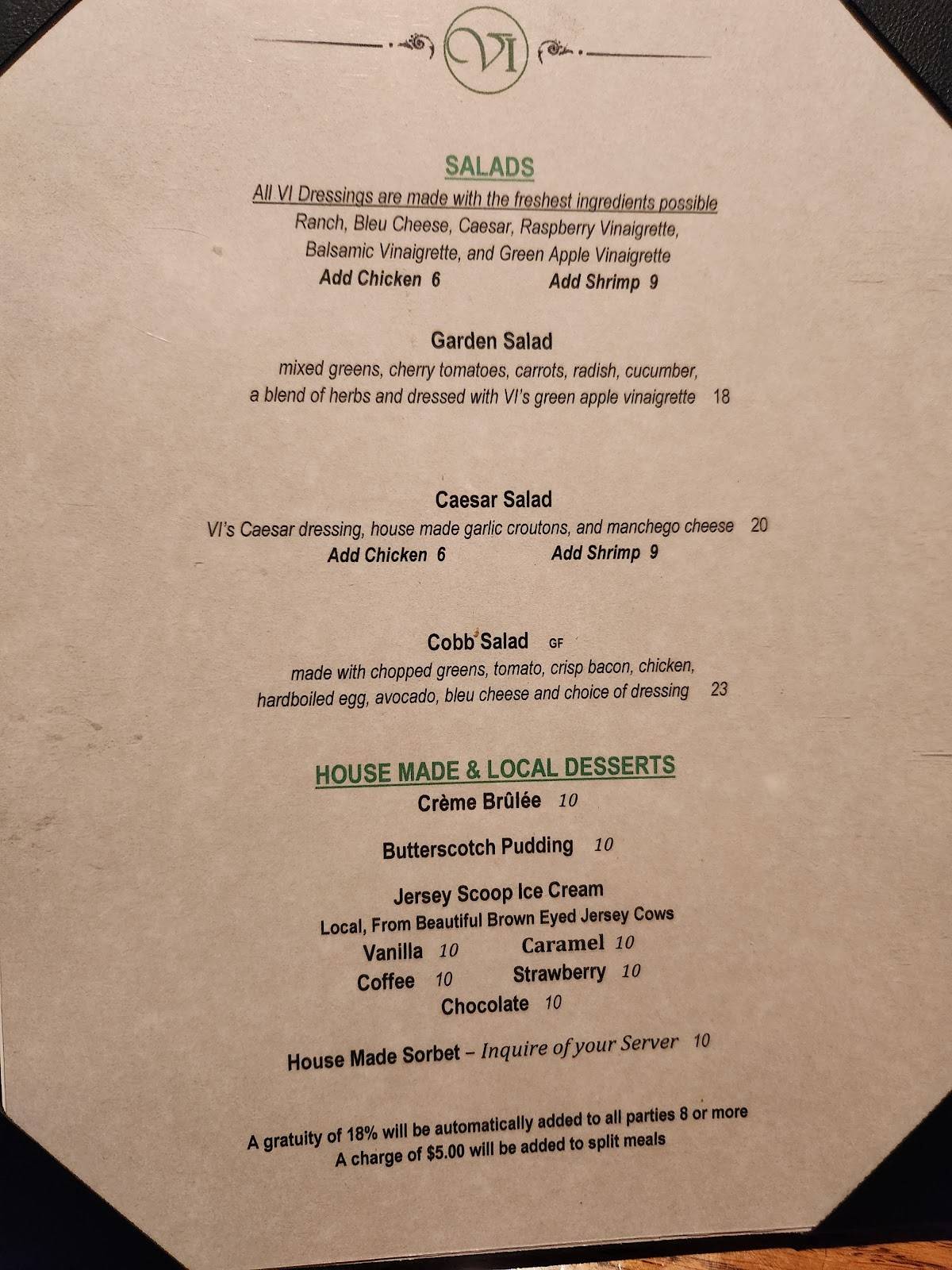 Menu at VI Restaurant, Ferndale