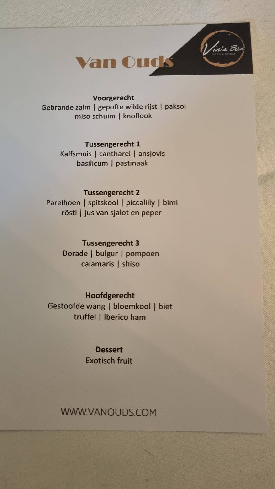 Menu at Restaurant Van Ouds, Bavel