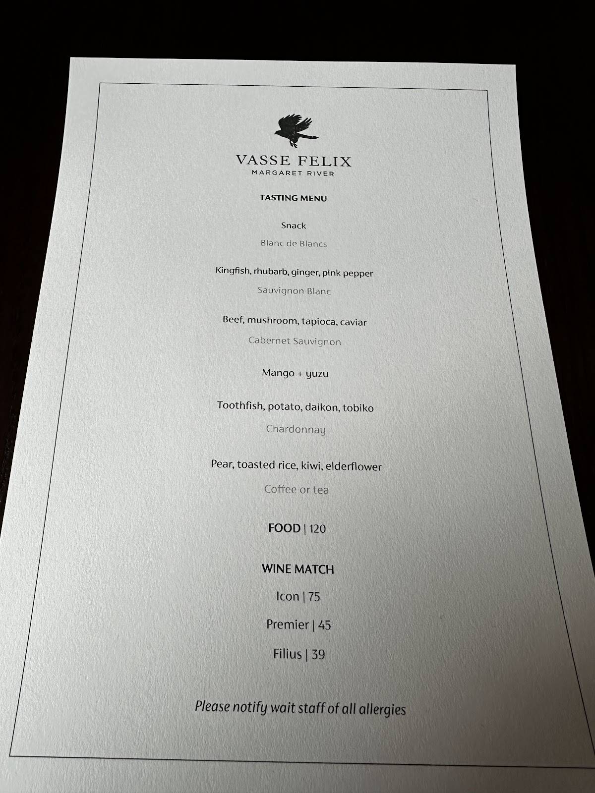 Menu at The Vasse Felix Restaurant, Cowaramup