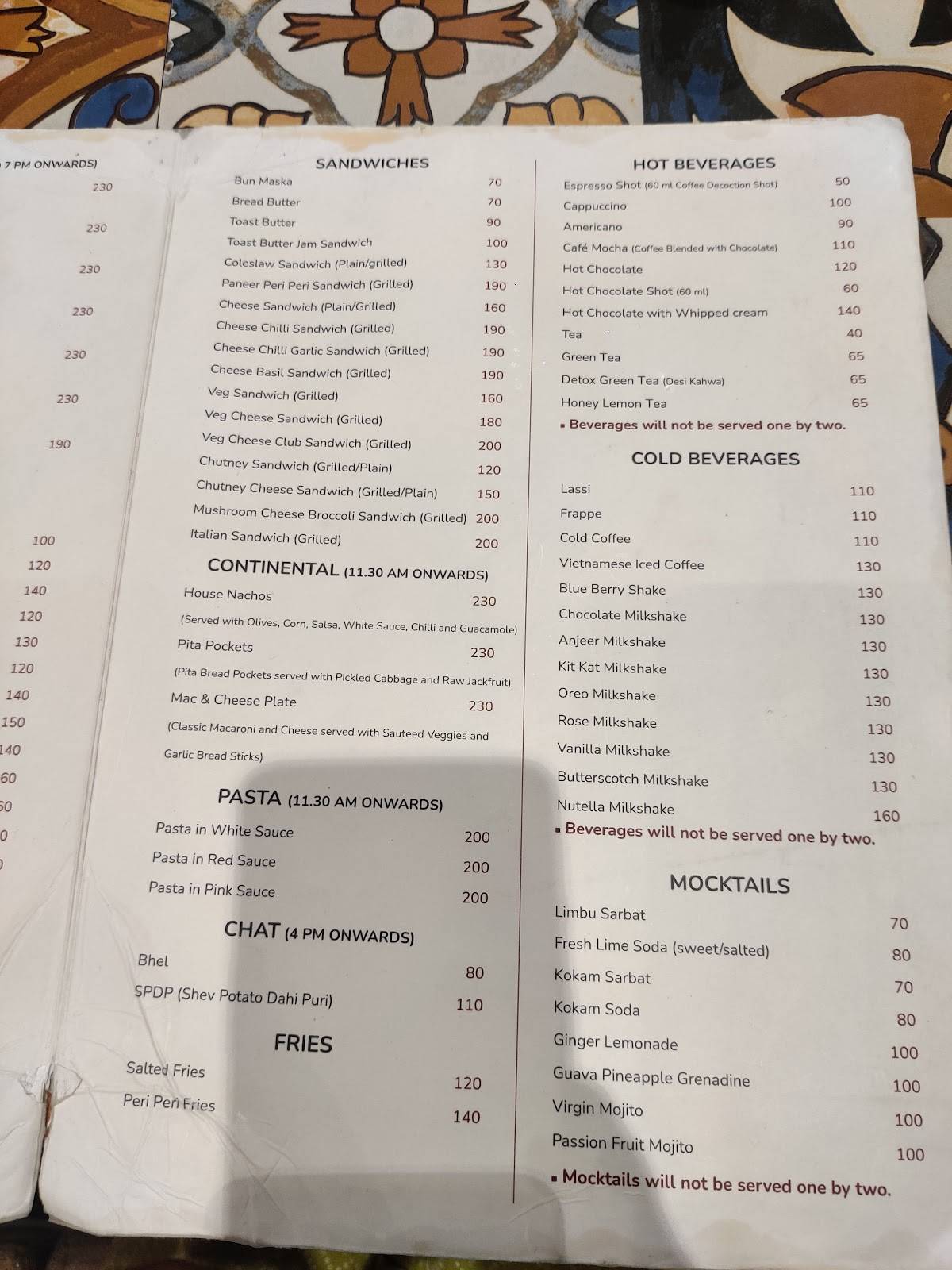 Menu at Verandah, Pune