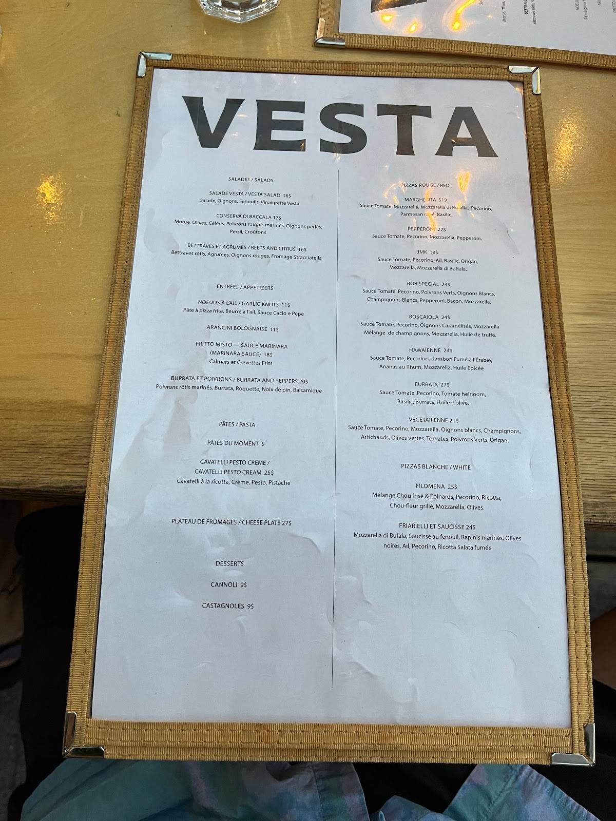 Menu au Restaurant Vesta, Montréal