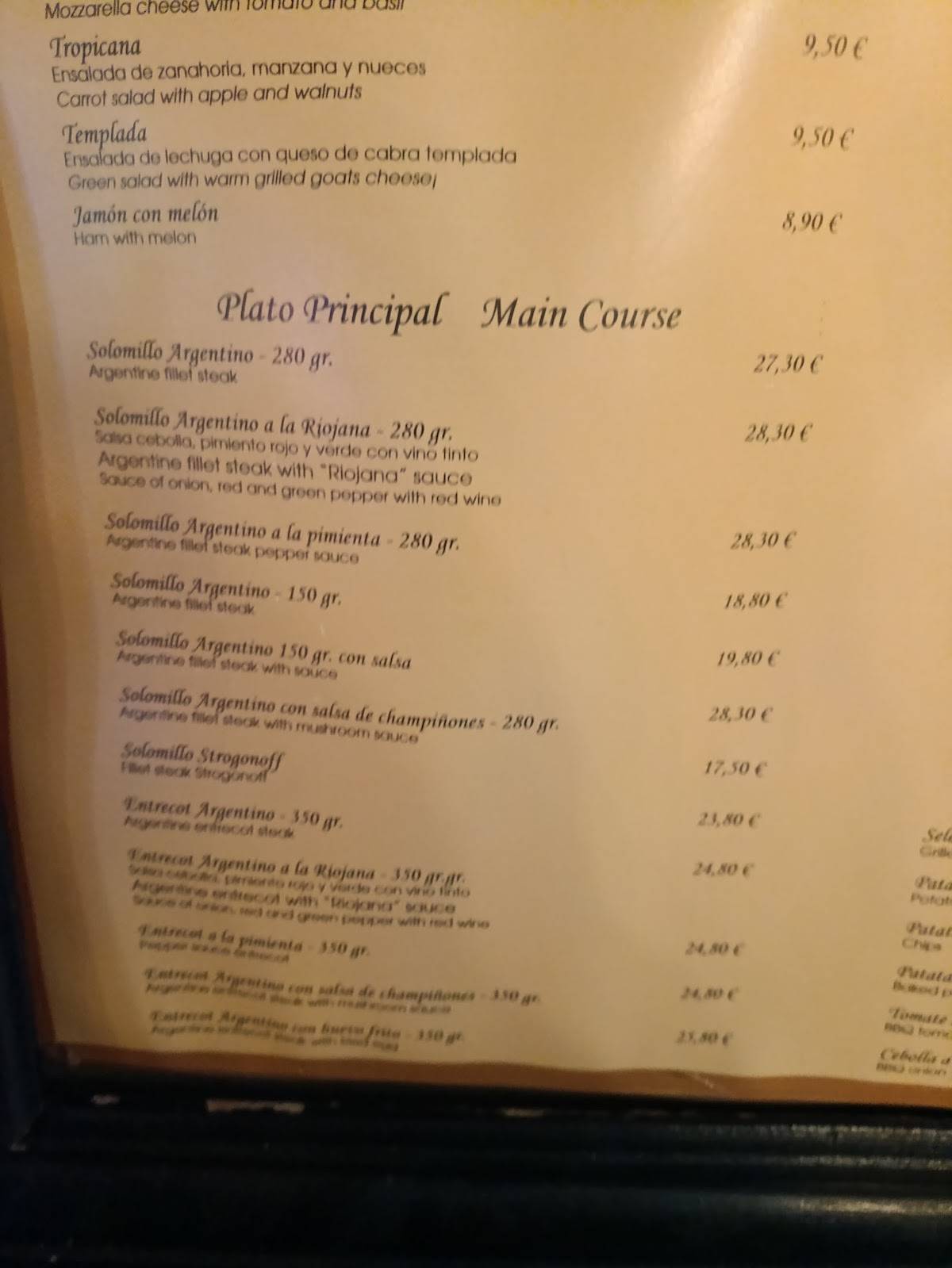 Menu at Victor Grill restaurant, Manilva, C. Cigala