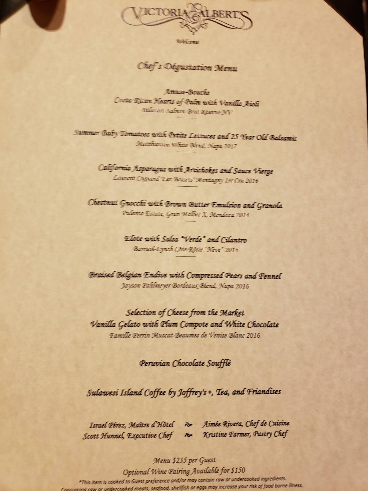 Menu at Victoria & Albert's restaurant, Orlando