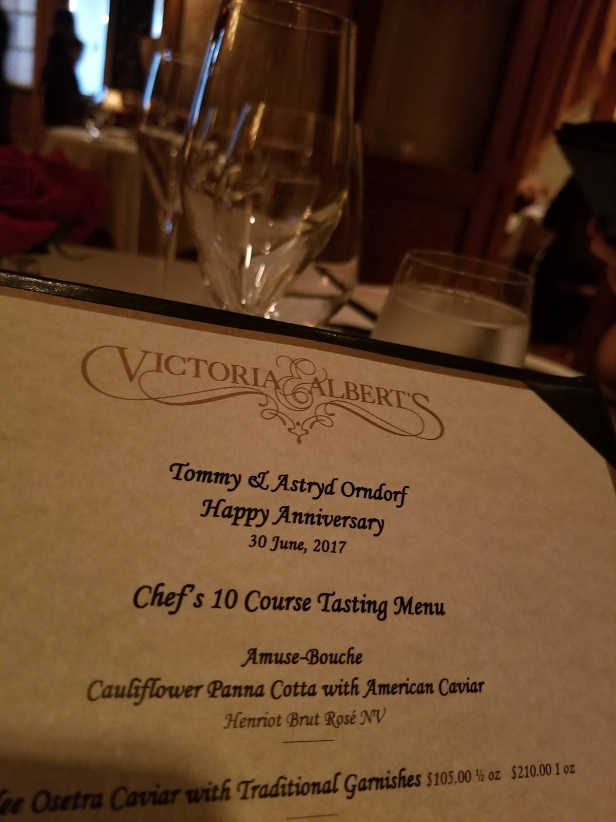 Menu at Victoria & Albert's restaurant, Orlando