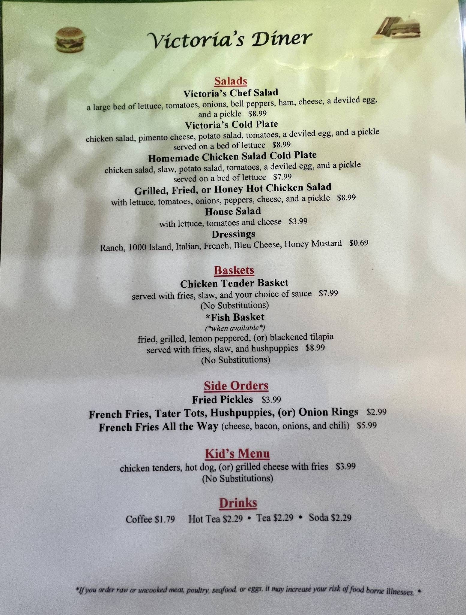 Menu at Victoria's Diner restaurant, Clover