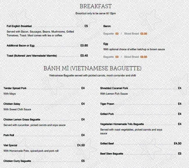 Menu at Viet Cafe, London, 75 Denmark Hill