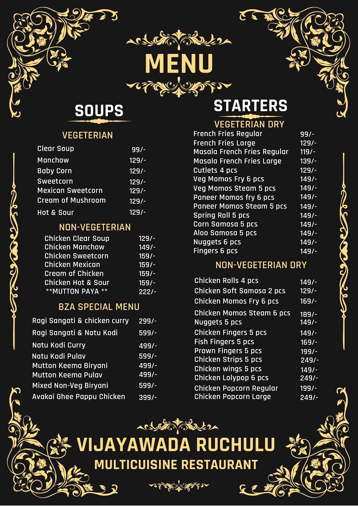Menu at Vijayawada Ruchulu, Visakhapatnam, 10-53-287
