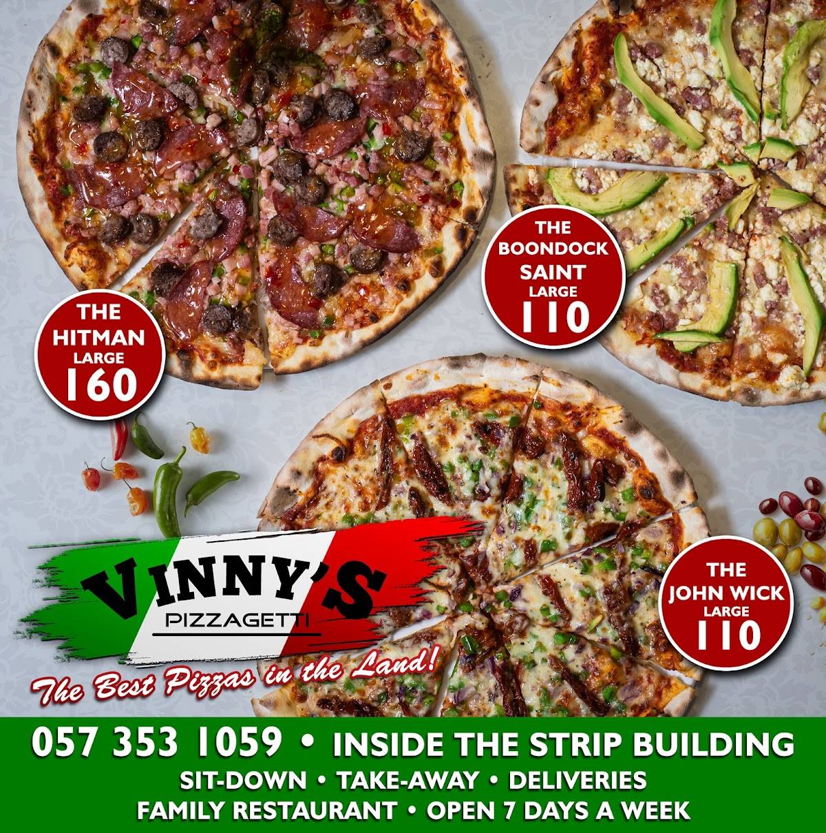 Menu at Vinny's Pizzagetti restaurant, Welkom