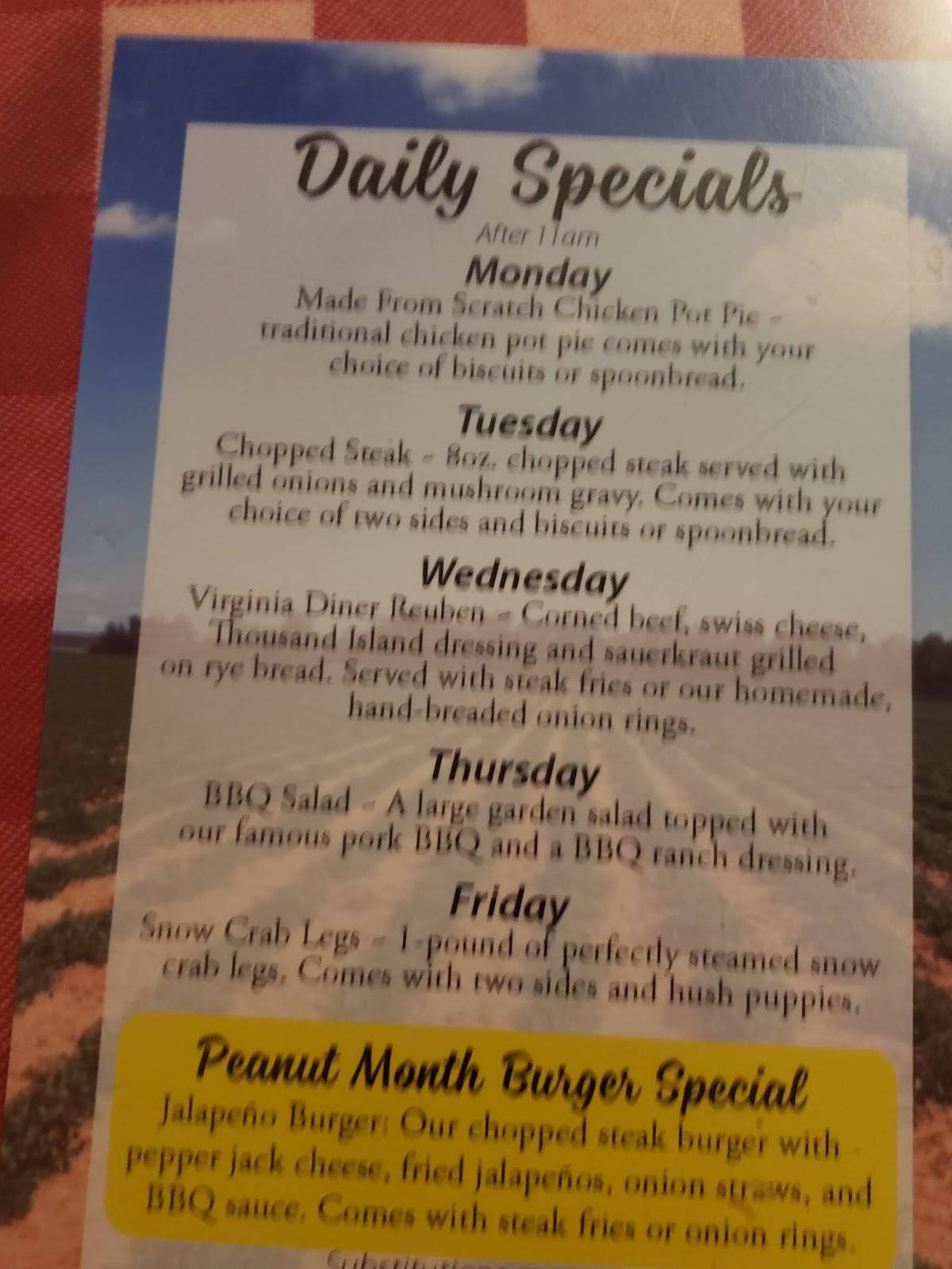 Menu at Virginia Diner restaurant, Wakefield, 408 County Dr