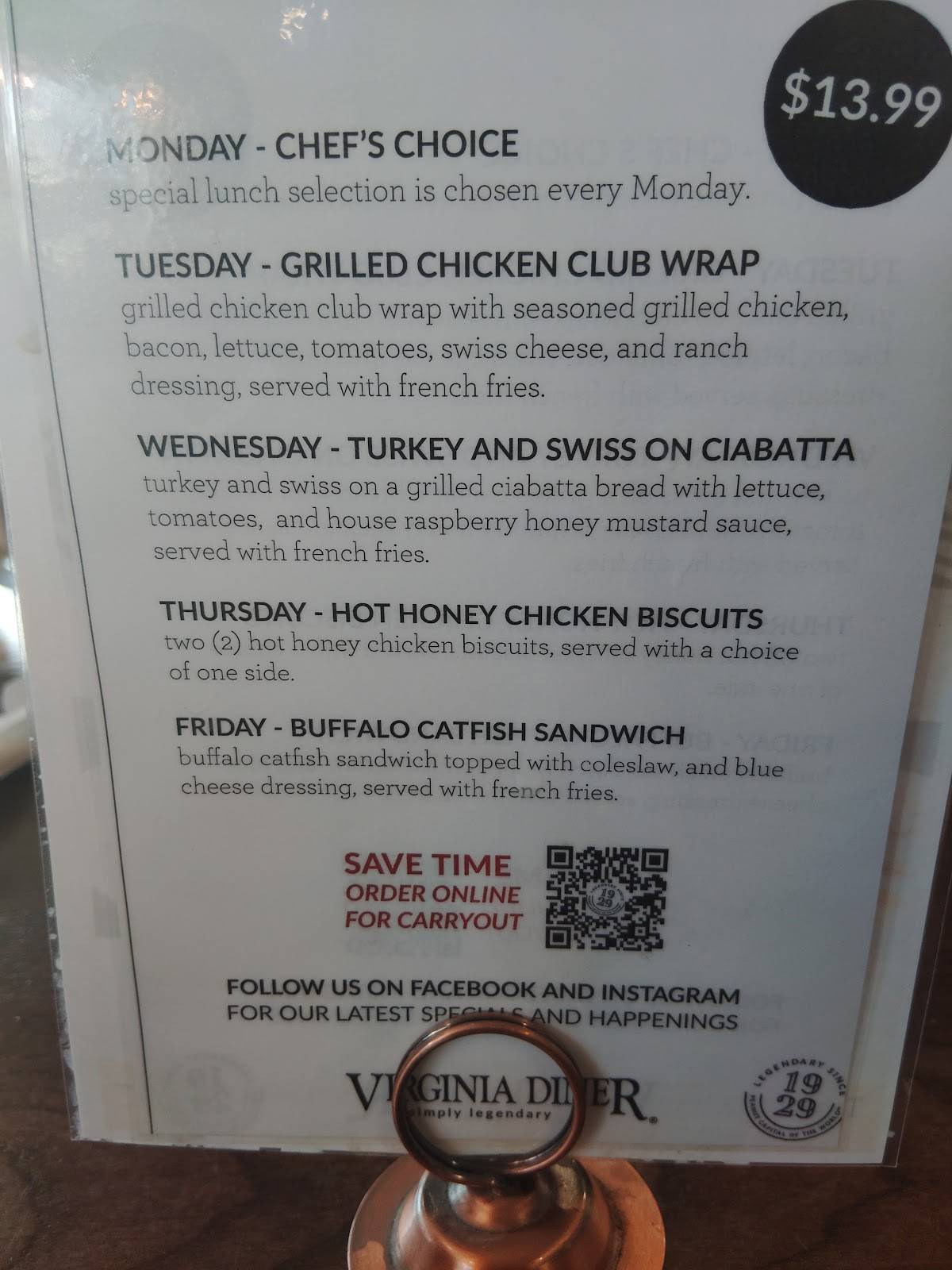 Menu at Virginia Diner restaurant, Wakefield, 408 County Dr