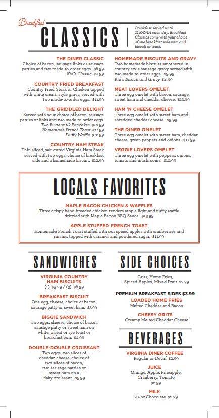 Menu at Virginia Diner restaurant, Wakefield, 408 County Dr