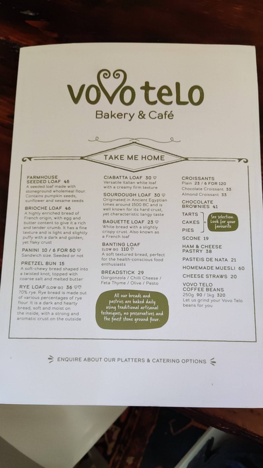 Menu at Vovo Telo cafe, South Africa