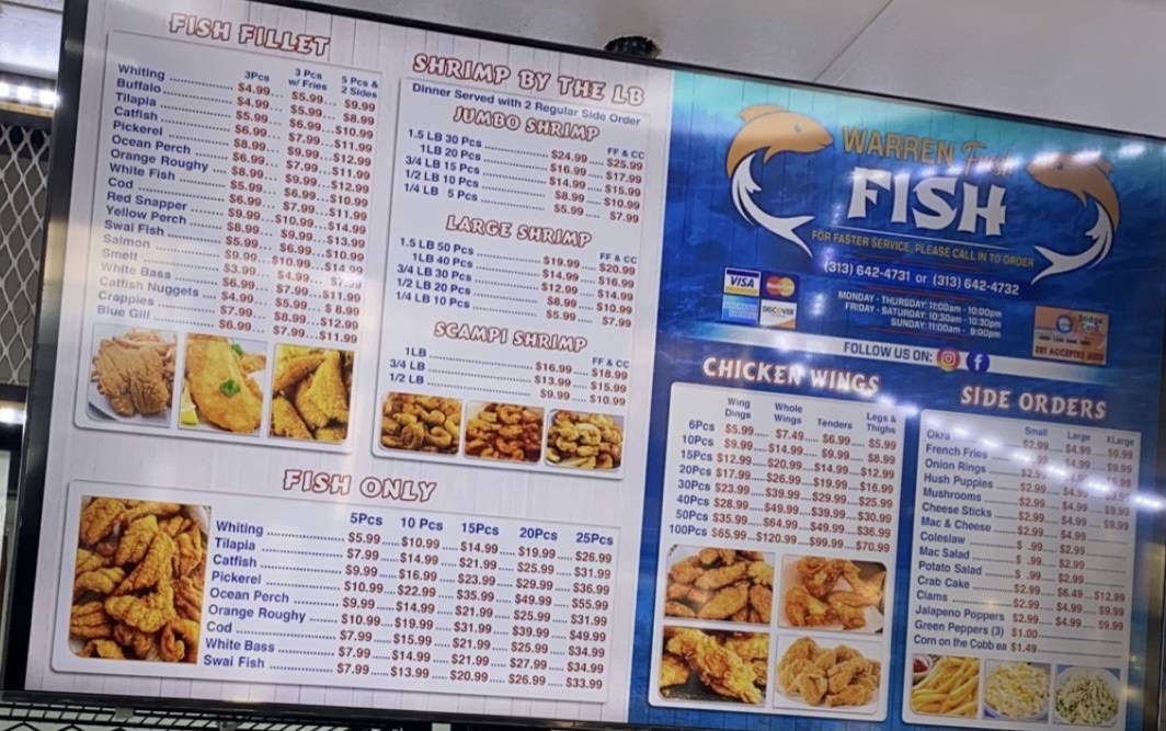 Menu at Warren Fish & Seafood restaurant, Detroit