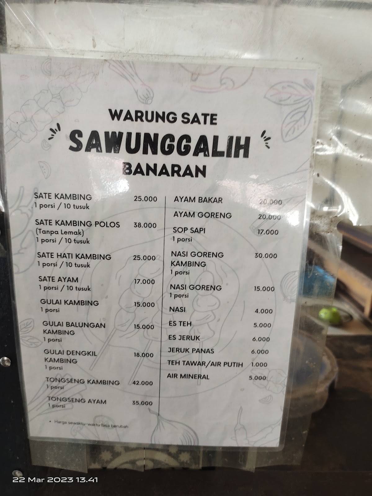 Menu at Warung Sate Sawunggalih Banaran restaurant, Purwokerto