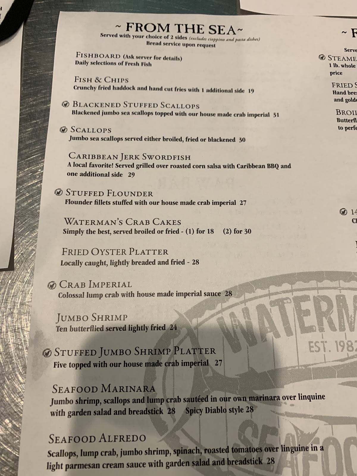Menu at Waterman's Seafood restaurant, Ocean City