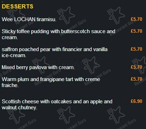 Menu at Wee LOCHAN restaurant, Glasgow