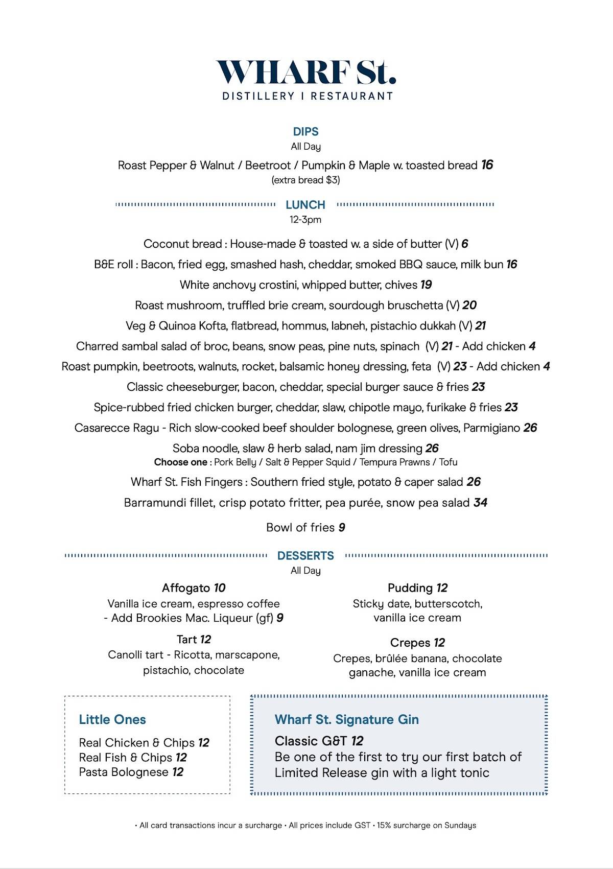 Menu at Wharf St. Distillery Restaurant, Forster