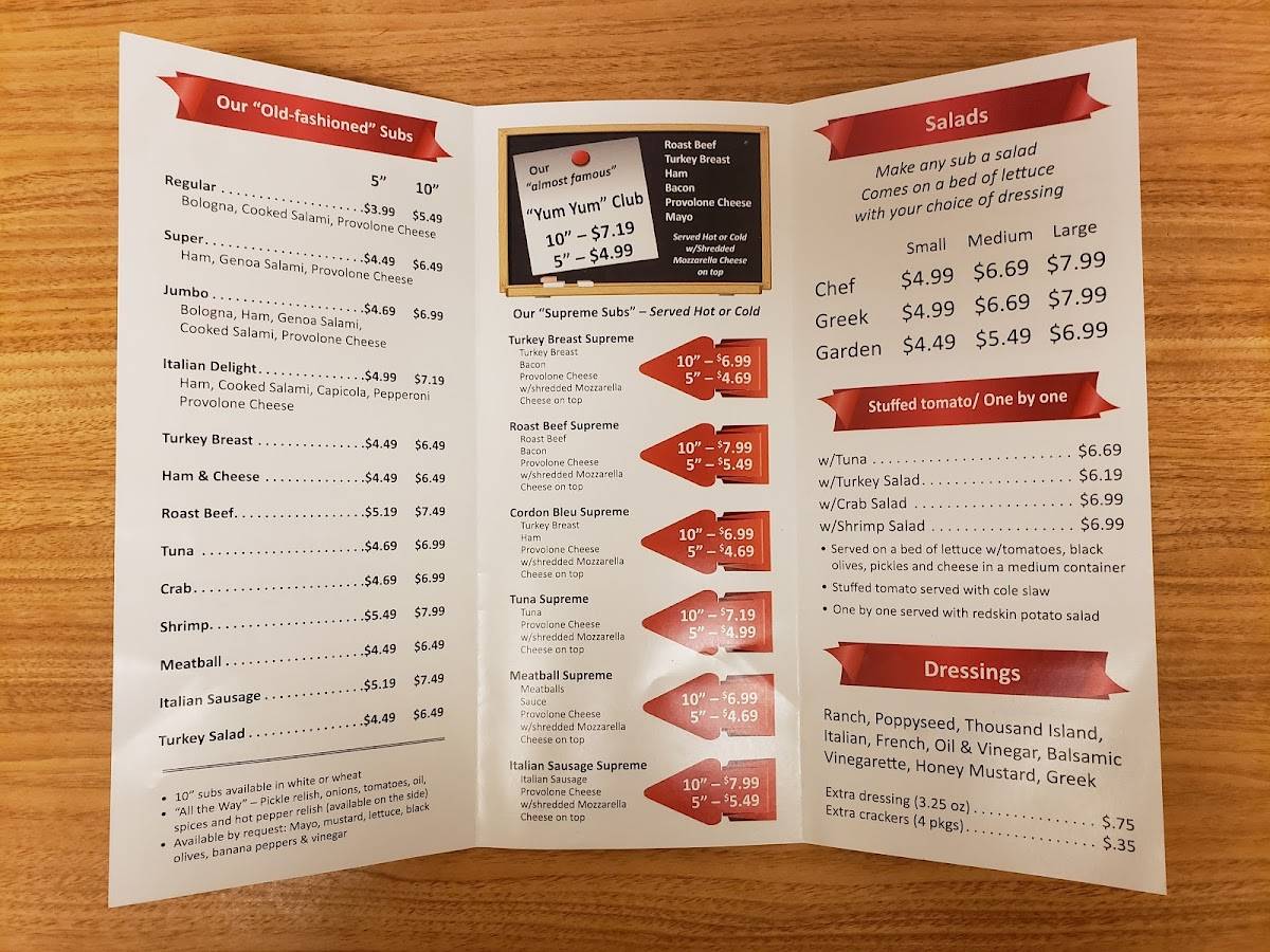 Menu at Williams Sub Shop restaurant, Saint Petersburg