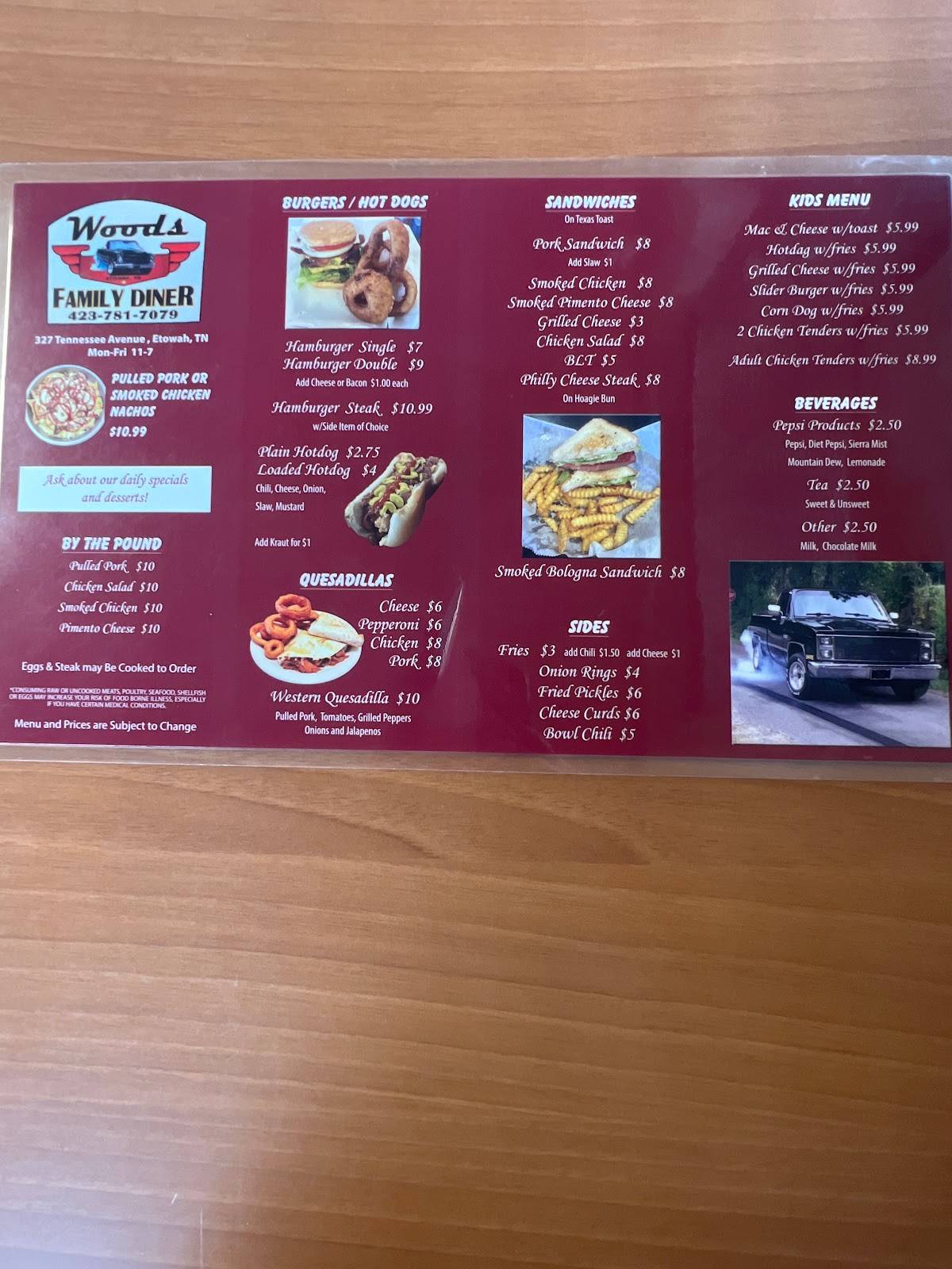 Menu at Woods Family Diner restaurant, Etowah