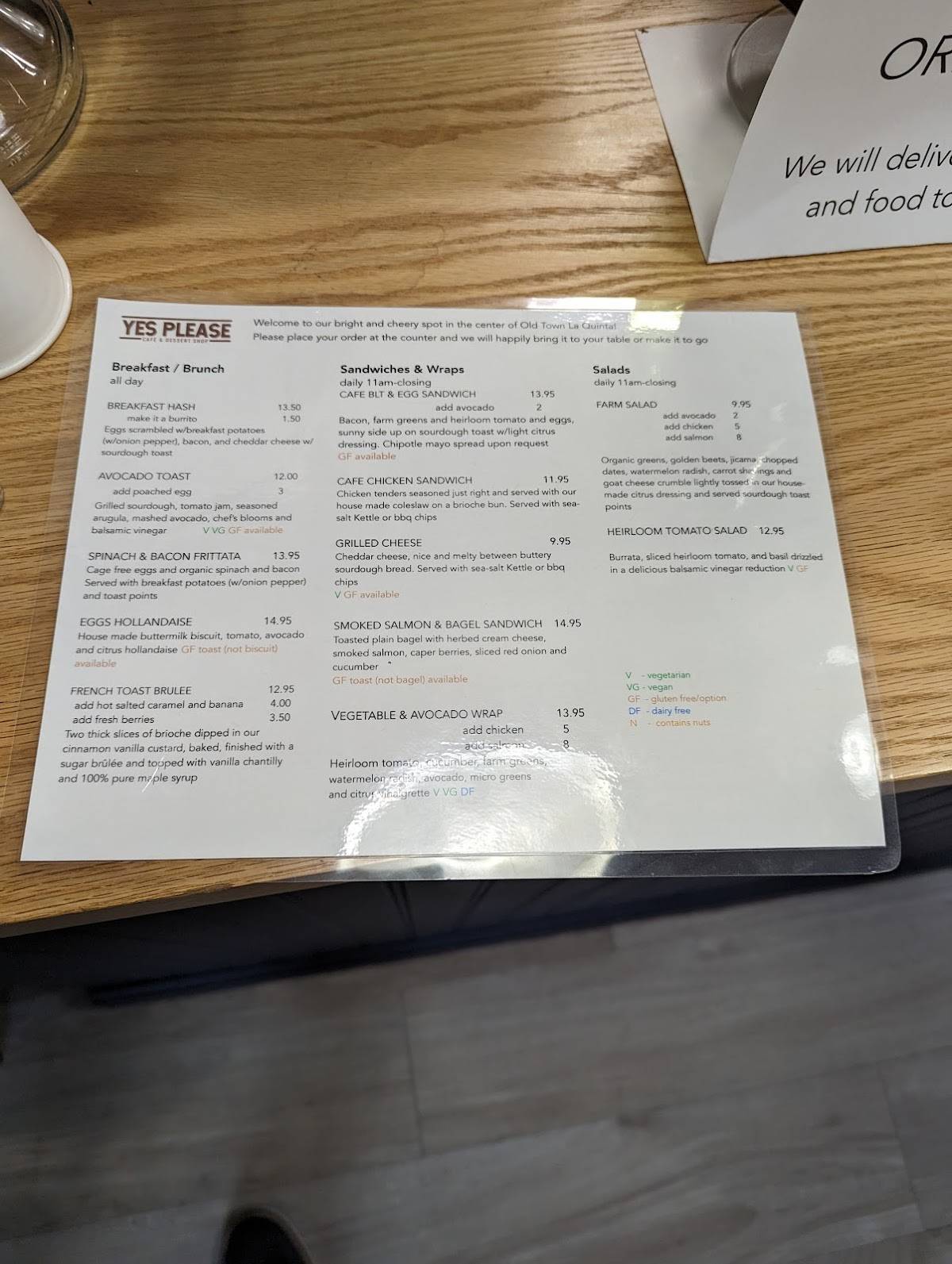 Menu at YES PLEASE cafe, La Quinta