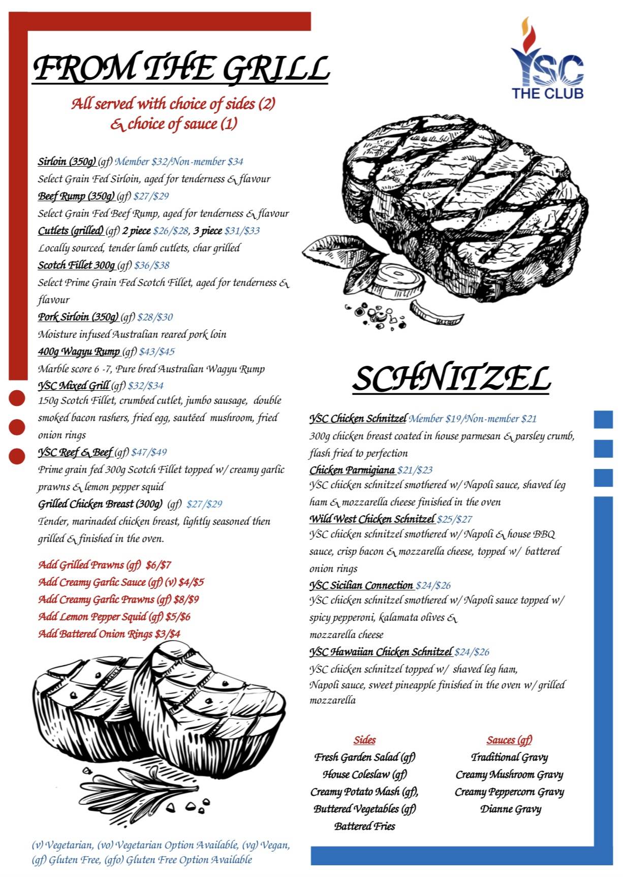 Menu at Yass Soldiers Club, Yass