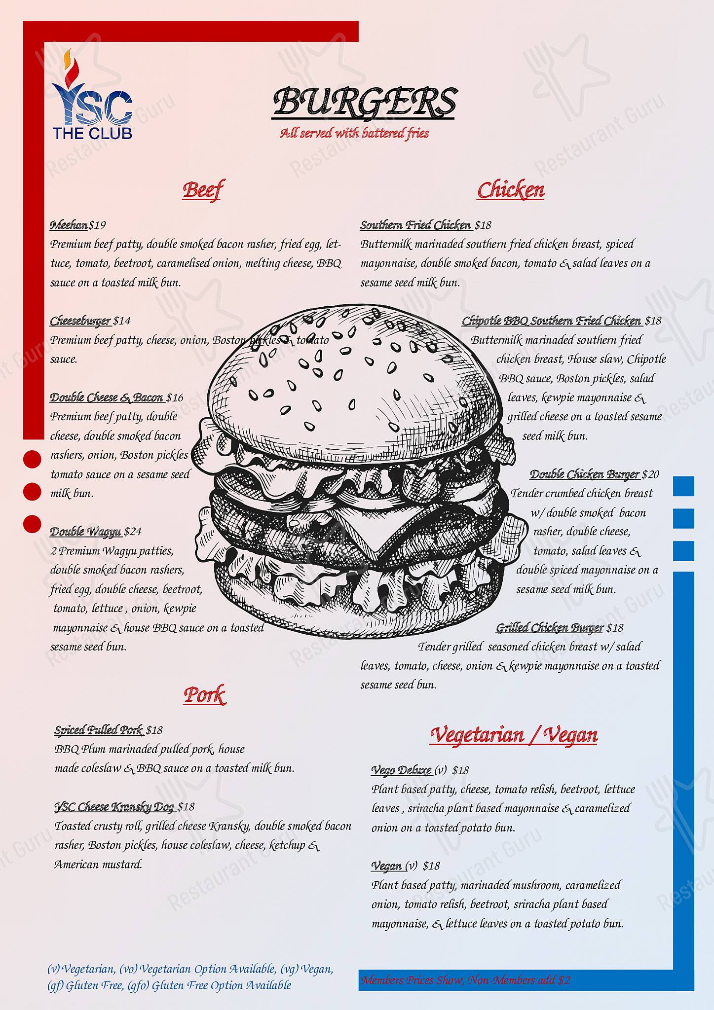 Menu at Yass Soldiers Club, Yass