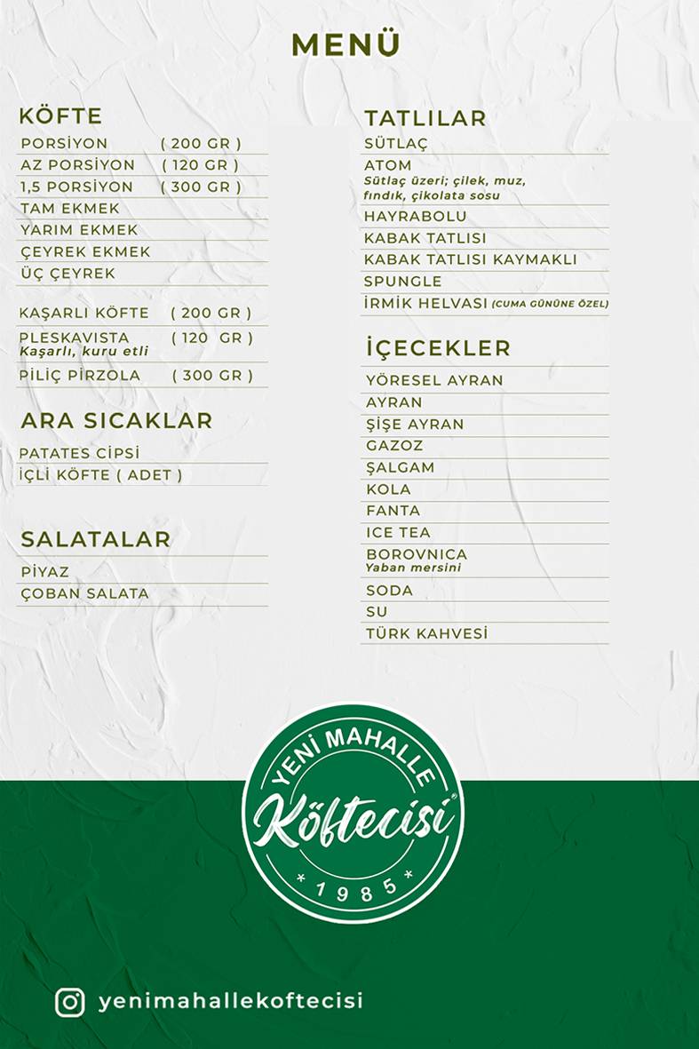 Menu at Yeni Mahalle Köftecisi restaurant, Istanbul, 263. Sk. No:3/B D ...