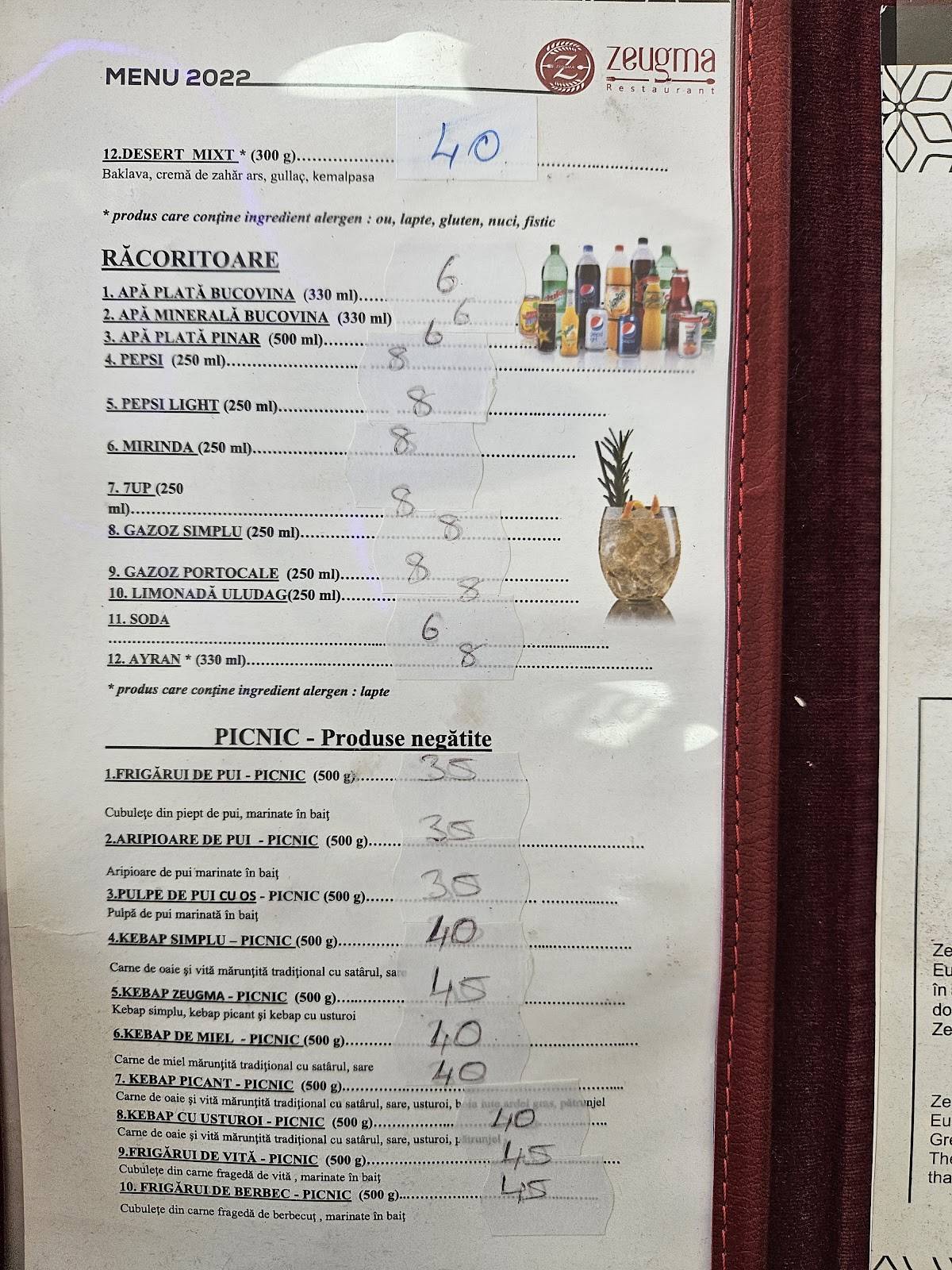Menu at Restaurant Zeugma, Bucharest