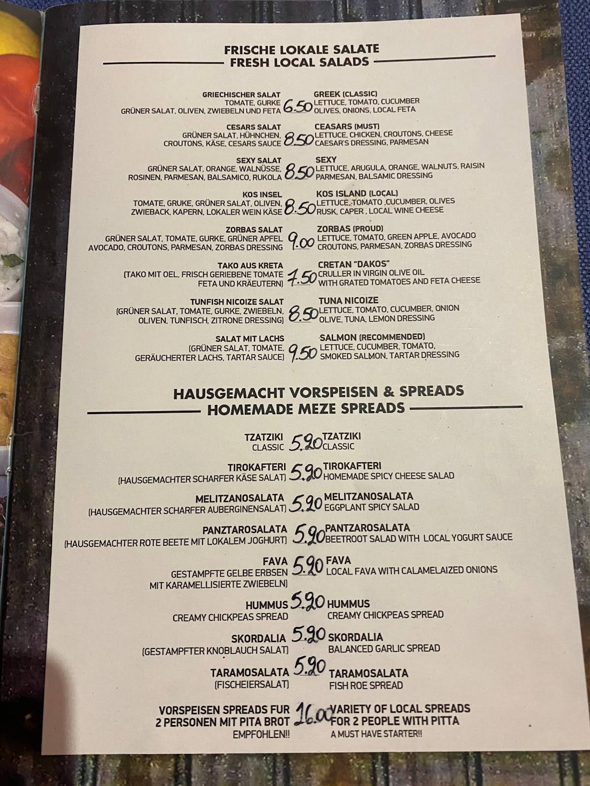 Menu at Zorbas Eat Greek, Kos