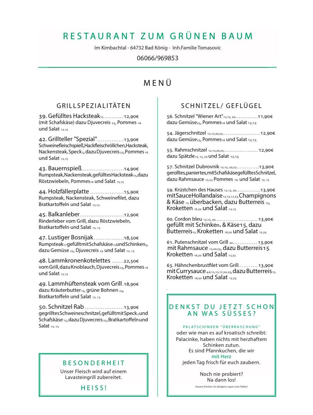 Speisekarte von Grüner Baum restaurant, Bad König, Im Kimbachtal 40