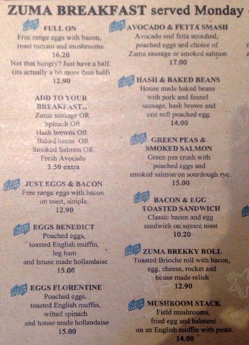 Menu at Zuma Caffe restaurant, Adelaide