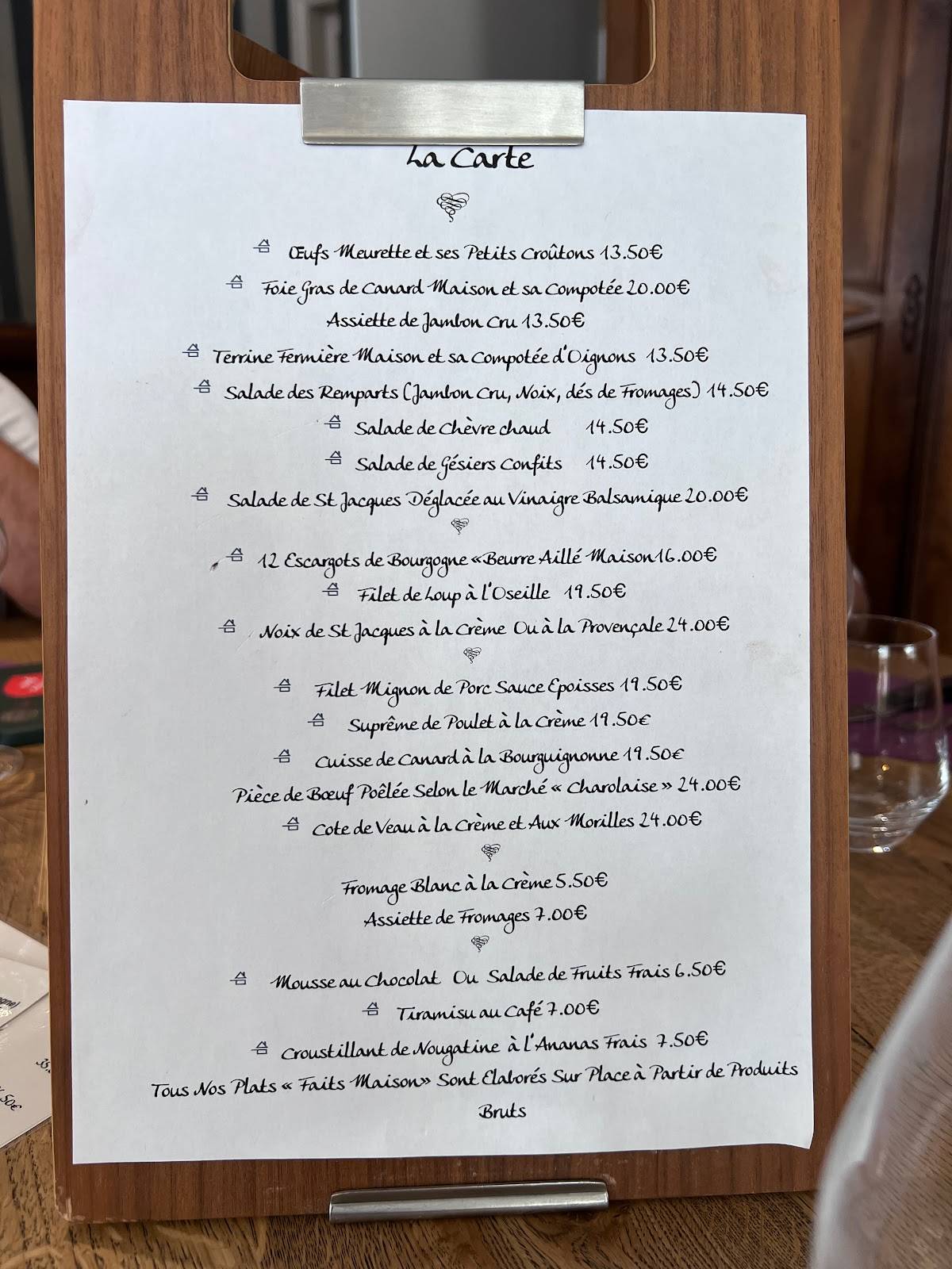 Menu au Restaurant des Remparts, Autun