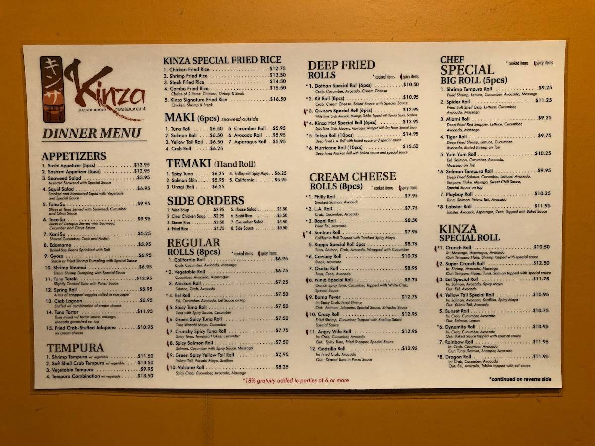 Menu at kinza restaurant, Dothan